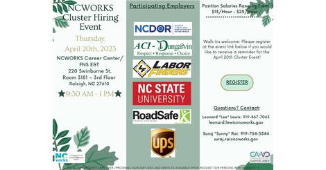 NCWORKS Cluster Hiring Event (04/13/2023) - News - Wake County Housing ...